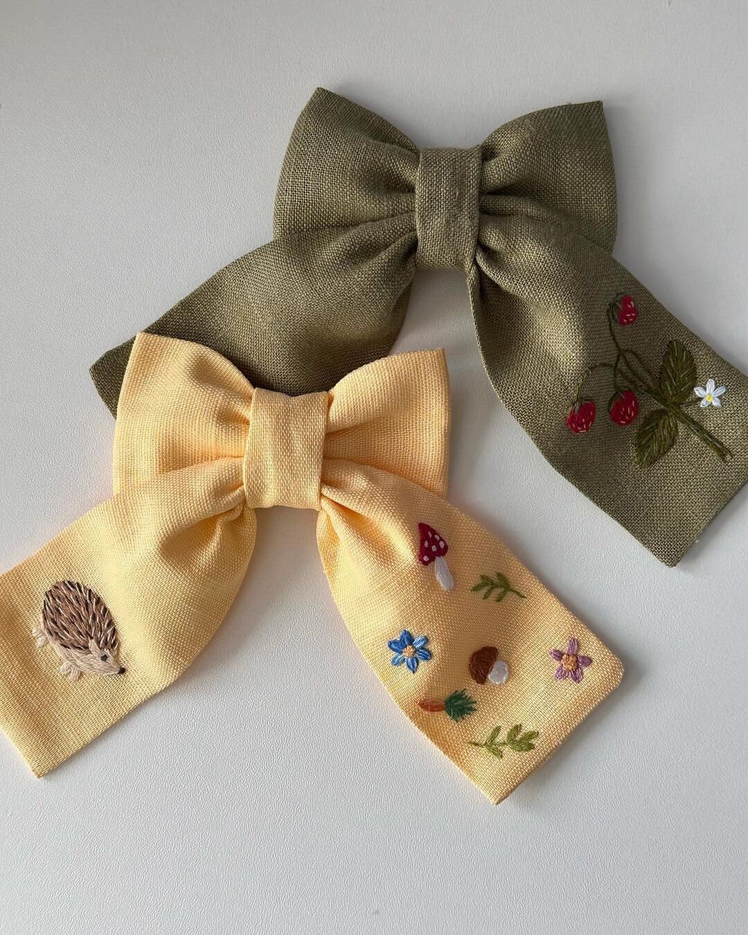 Strawberry Embroidery Linen Hair Bow for Girls, Hedgehog Embroidery ...