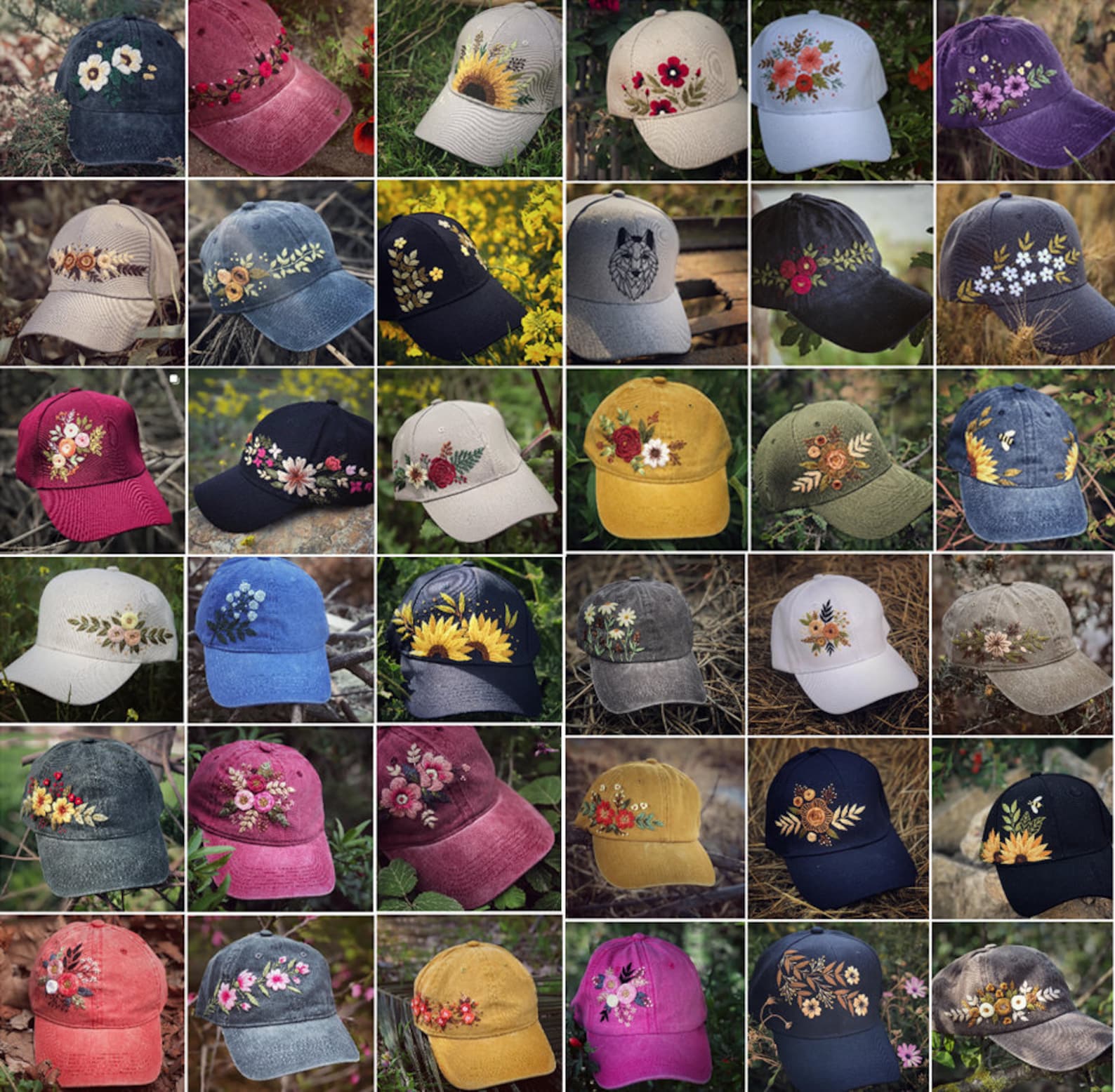 Vintage Flowers Embroidered Denim Cap, Hand Embroidered Baseball Hat, Handmade Beach Hat, Sun ...