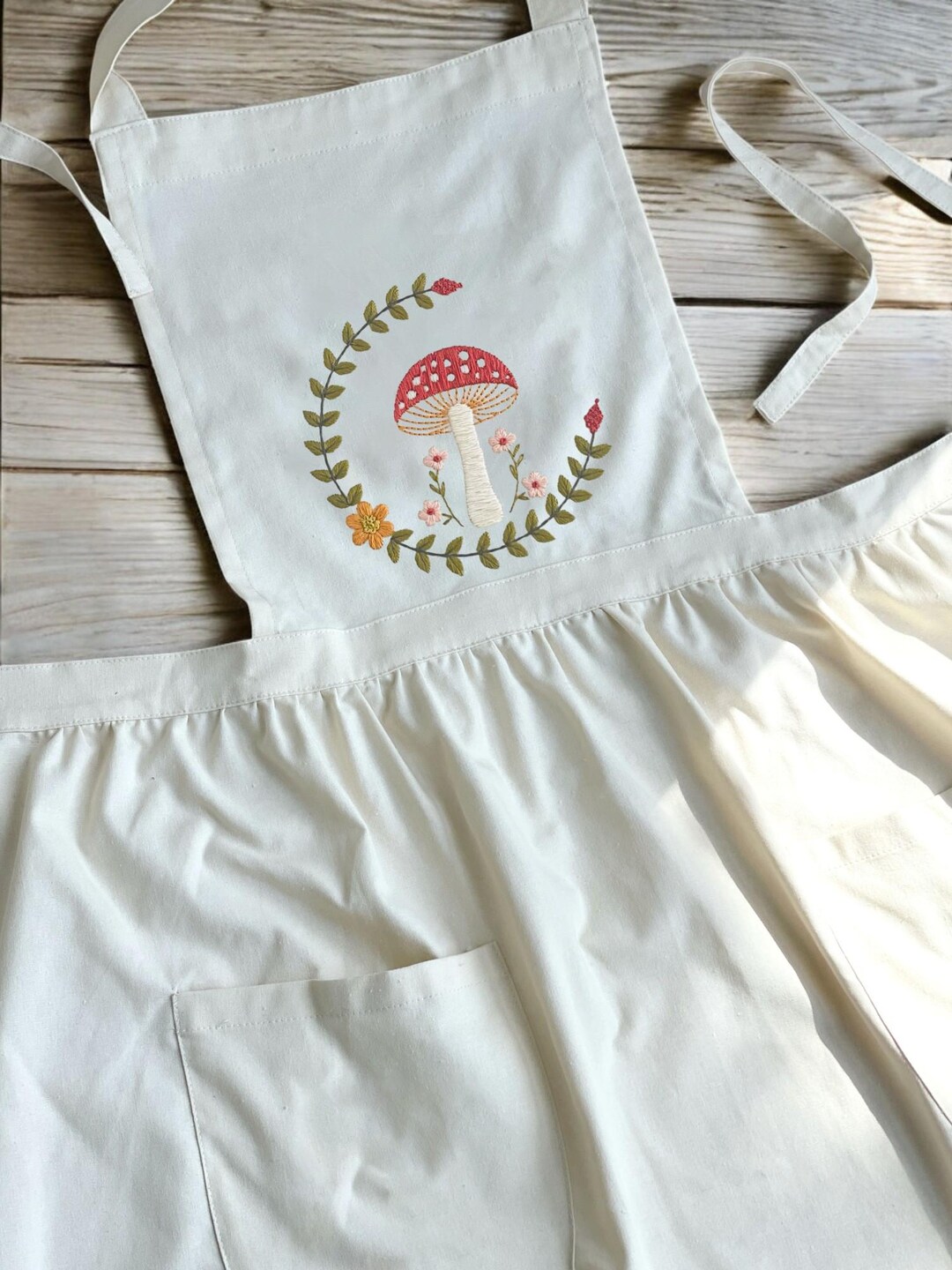 Mushroom Embroidery Linen Apron, Personalized Apron Dress for Women ...