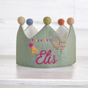 Custom Name Birthday Party Crown, Personalized Hand Embroidered Linen ...