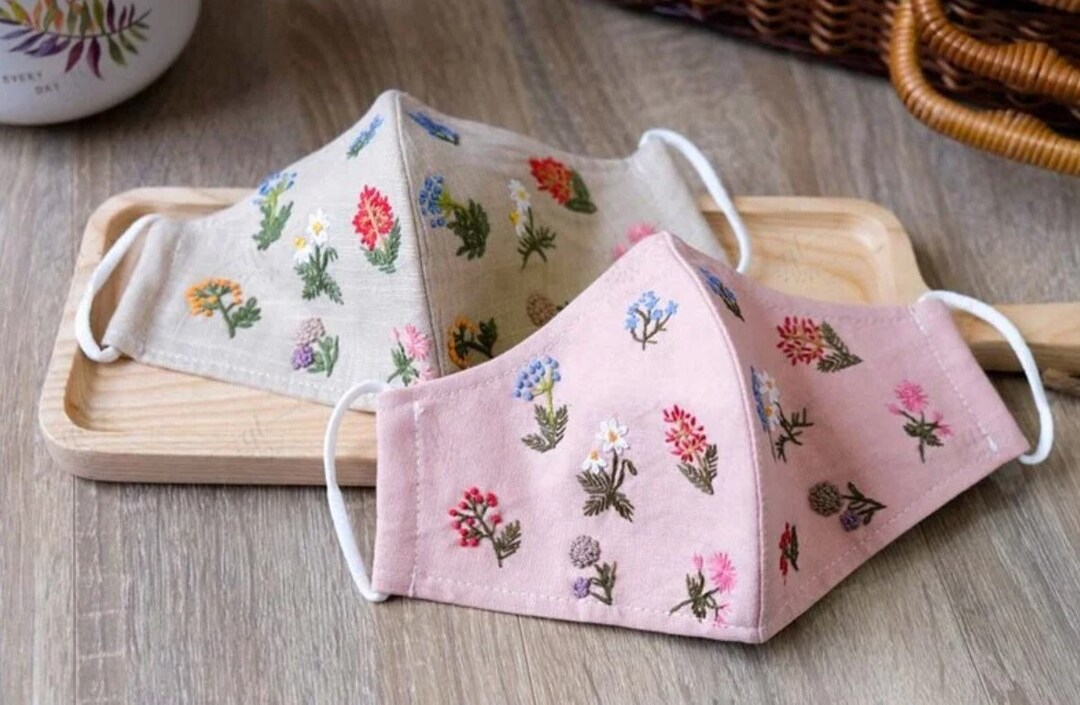 Flower Embroidery Face Masks, Embroidery Linen Face Mask, Floral Face ...