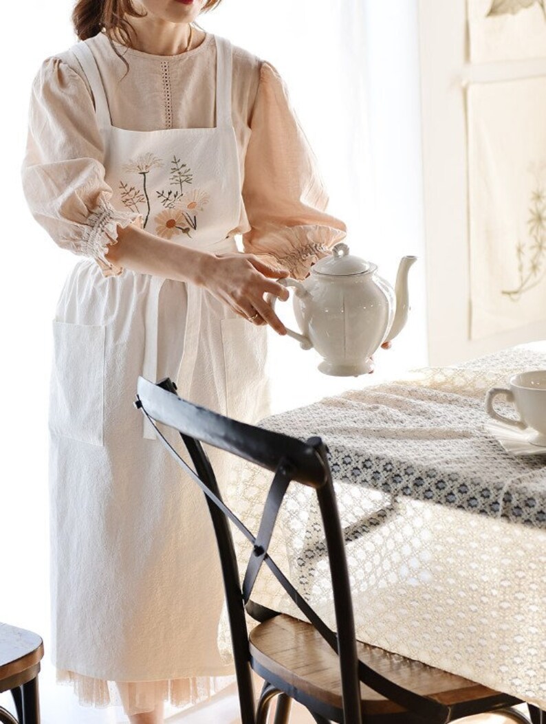 Simple Flower Embroidery Linen Apron for Women, Hand Embroidery Apron ...