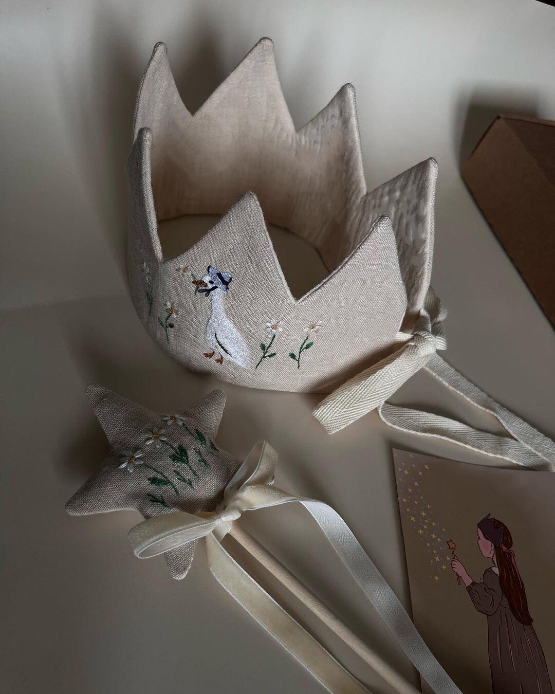 Mother Goose Birthday Party Crown, Personalized Hand Embroidered Linen ...