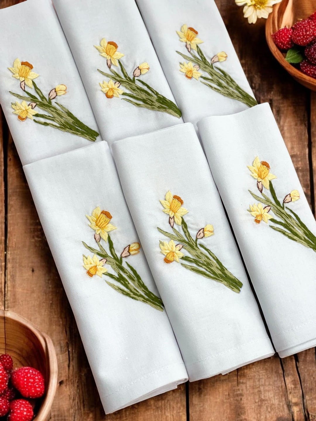 Custom Hand Embroidered Daffodil Linen Tableware, Linen Table Napkin ...