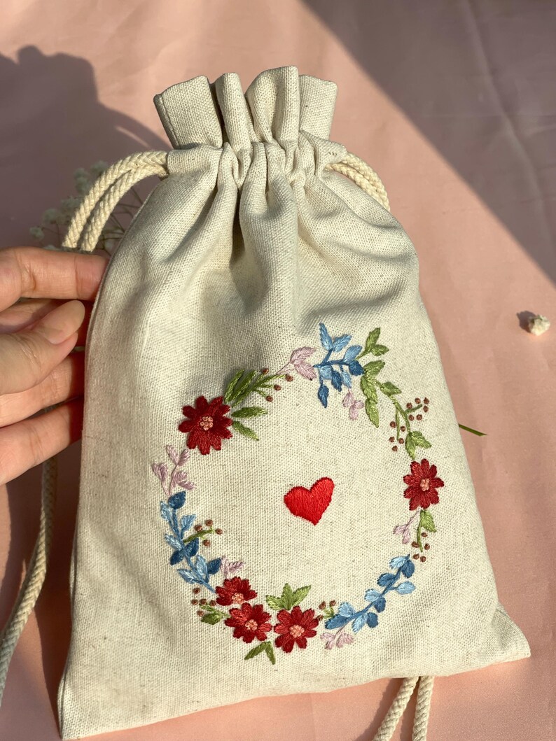 Flower Wreath Embroidery Drawstring Bag, Linen Gift Wrapping, Handmade ...