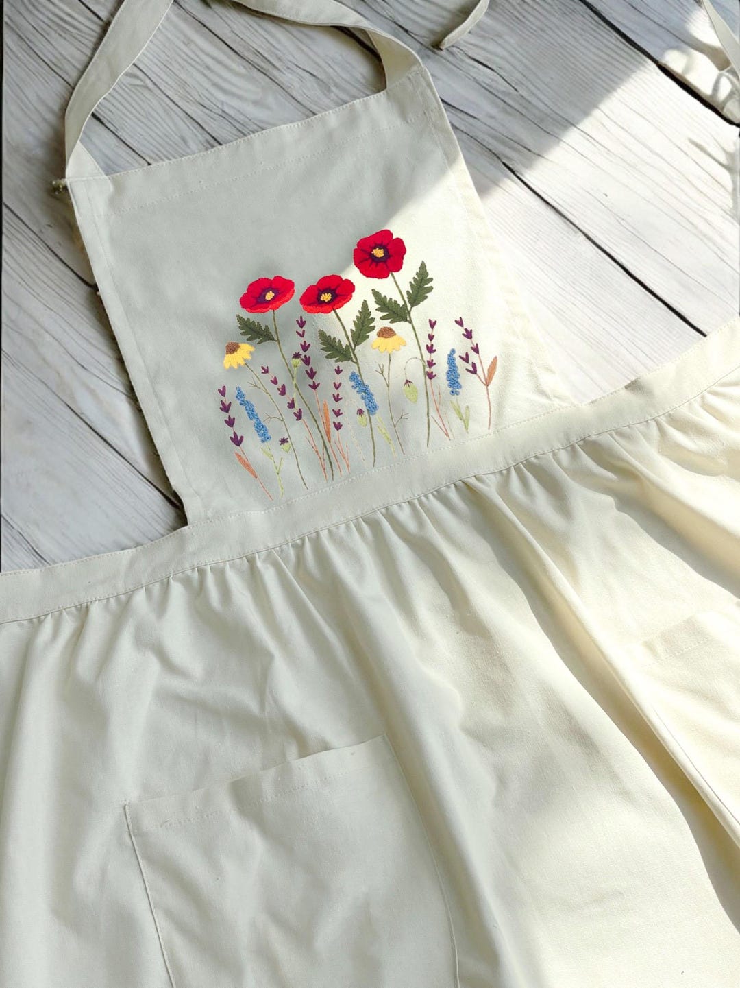 Poppies and Wildflowers Hand Embroidery Apron, Hand Embroidered Floral ...
