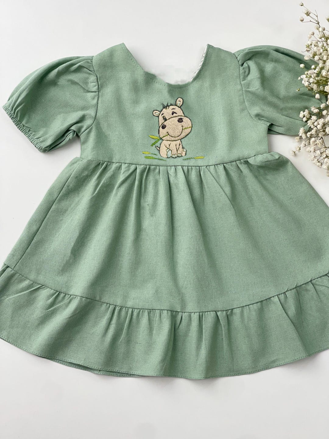 Custom Baby Hippo Hand Embroidered Dress for Girls, Soft Linen Dress ...