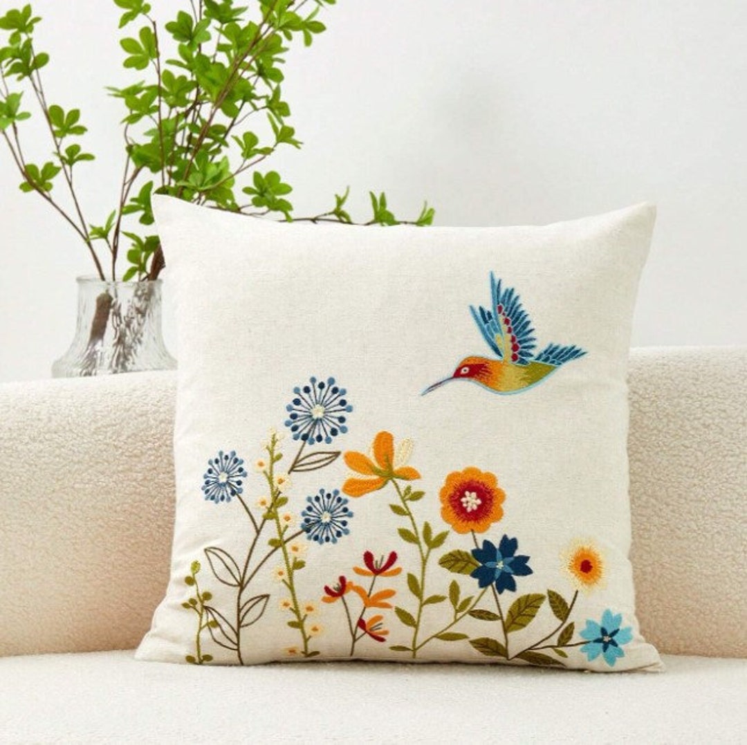 Colorful Flower and Hummingbird Embroidery Pillowcase, Handmade Cushion ...