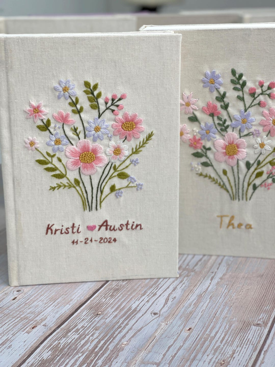 Personalized Linen Notebook With Hand Embroidered Flower, Linen Cover ...