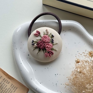 French Flower Blossom Embroidery Button Hair Tie, Hand Embroidered ...
