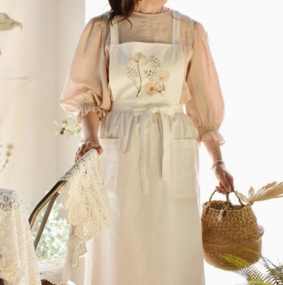 Simple Flower Embroidery Linen Apron for Women, Hand Embroidery Apron ...