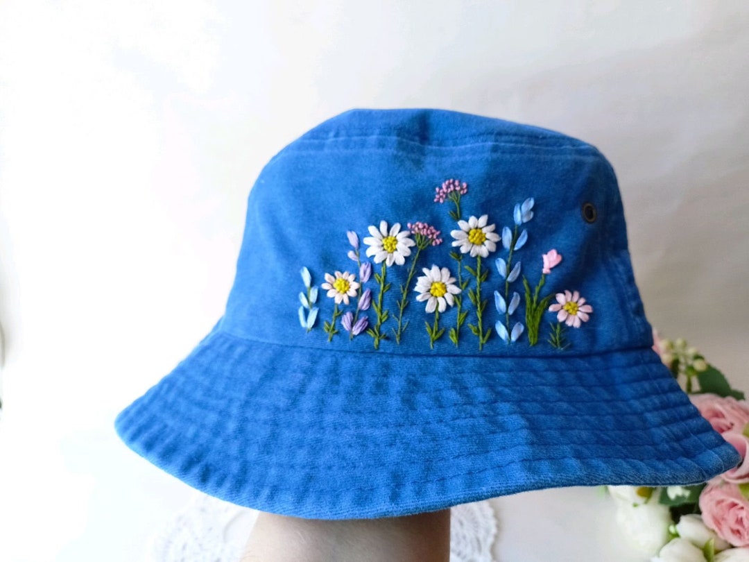 Flower Hand Embroidered Bucket Hat for Women, Embroidered Denim Hat ...