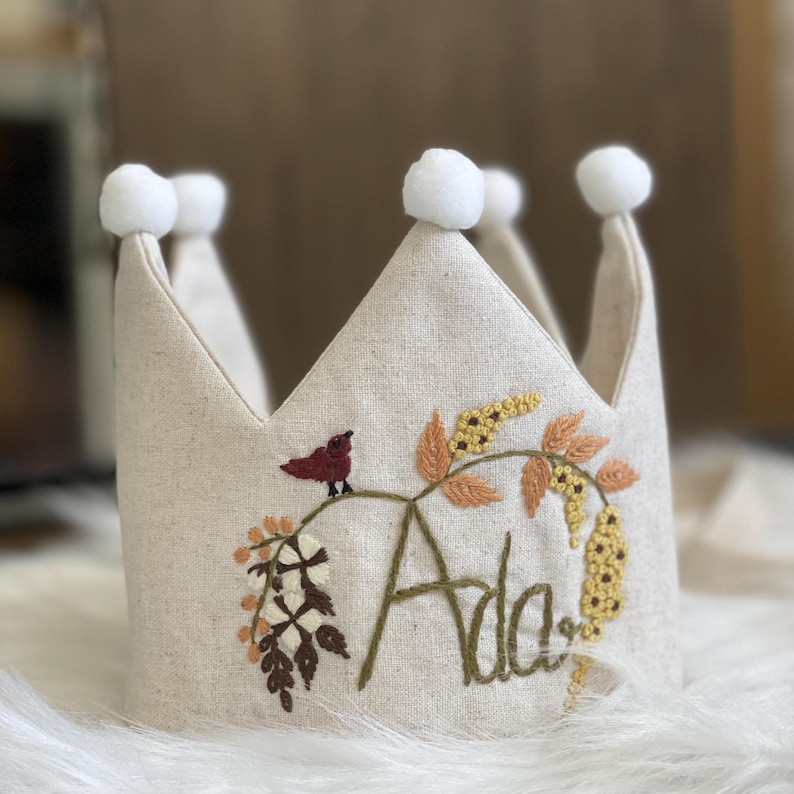 Custom Birthday Party Crown, Personalized Hand Embroidered Linen Crown ...