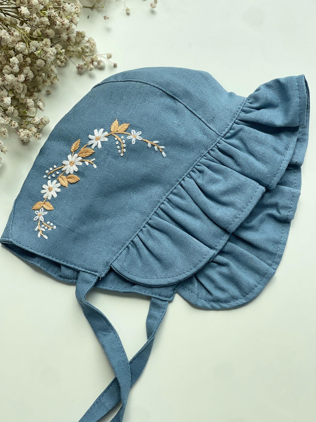 Custom Handmade Ruffled Baby Bonnet, Hand Embroidered White Daisies ...