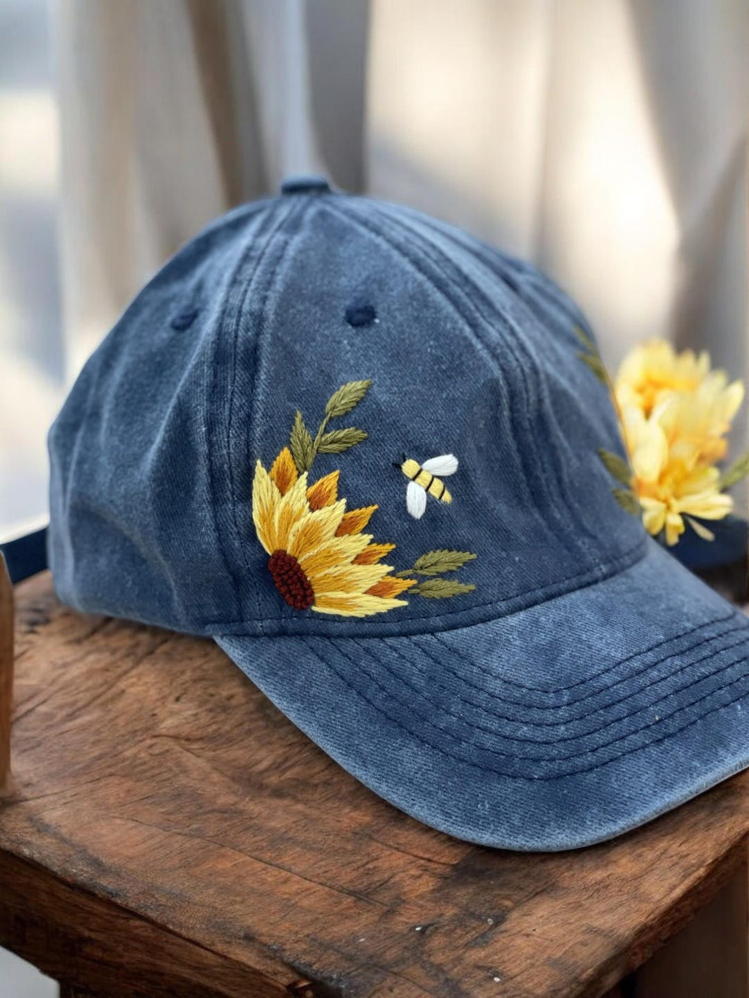 Vintage Sunflower With Bee Hand Embroidered Baseball Hat for Women ...