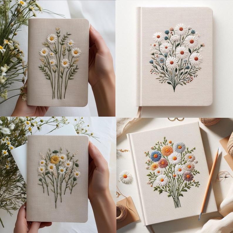 Personalized Daisy Flowers Handmade Notebook, Vintage Hand Embroidered ...