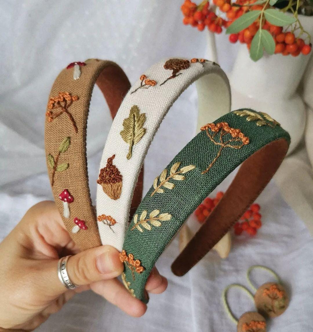 Autumn Linen Embroidered Headband, Handmade Hair Headband With Flower ...