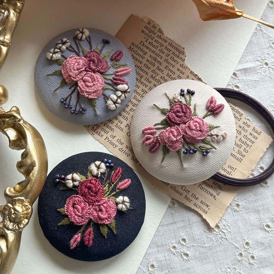 French Flower Blossom Embroidery Button Hair Tie, Hand Embroidered ...