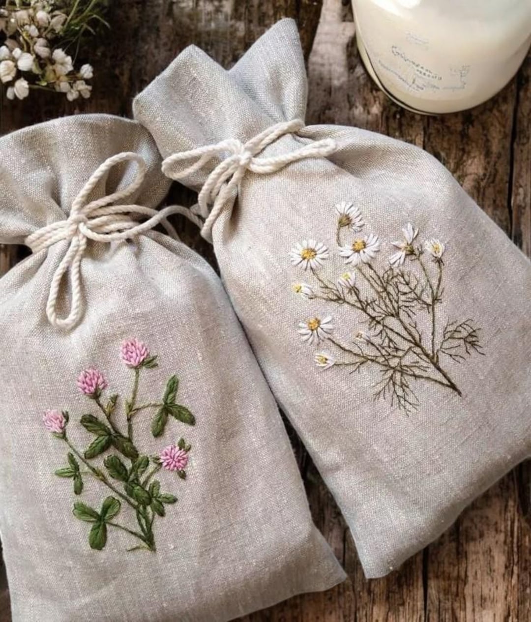 Flower Embroidery Drawstring Bag, Linen Gift Wrapping, Handmade ...