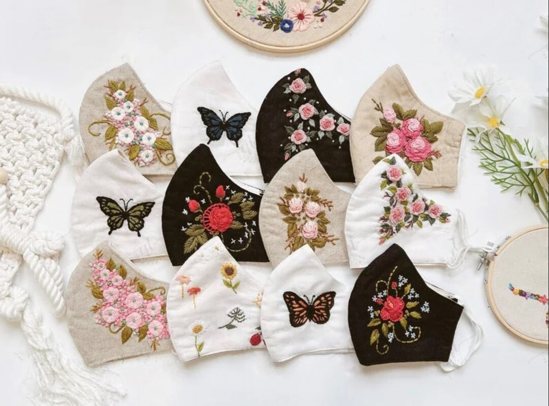 Butterfly Embroidery Face Mask, Embroidery Linen Face Mask, Flower Face ...