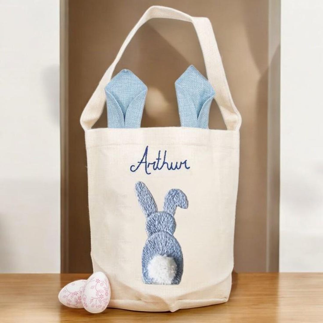 Happy Easter Egg Hunt Basket With Bunny Ears, Hand Embroidered Linen ...
