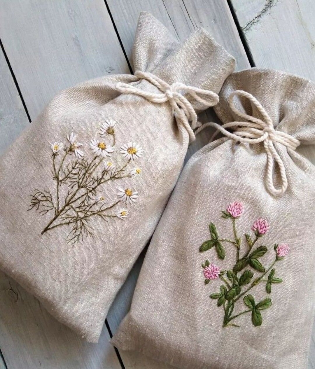 Flower Embroidery Drawstring Bag, Linen Gift Wrapping, Handmade ...