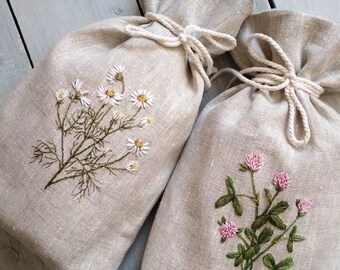 Flower Bouquet Embroidery Drawstring Bag, Linen Gift Wrapping, Handmade ...