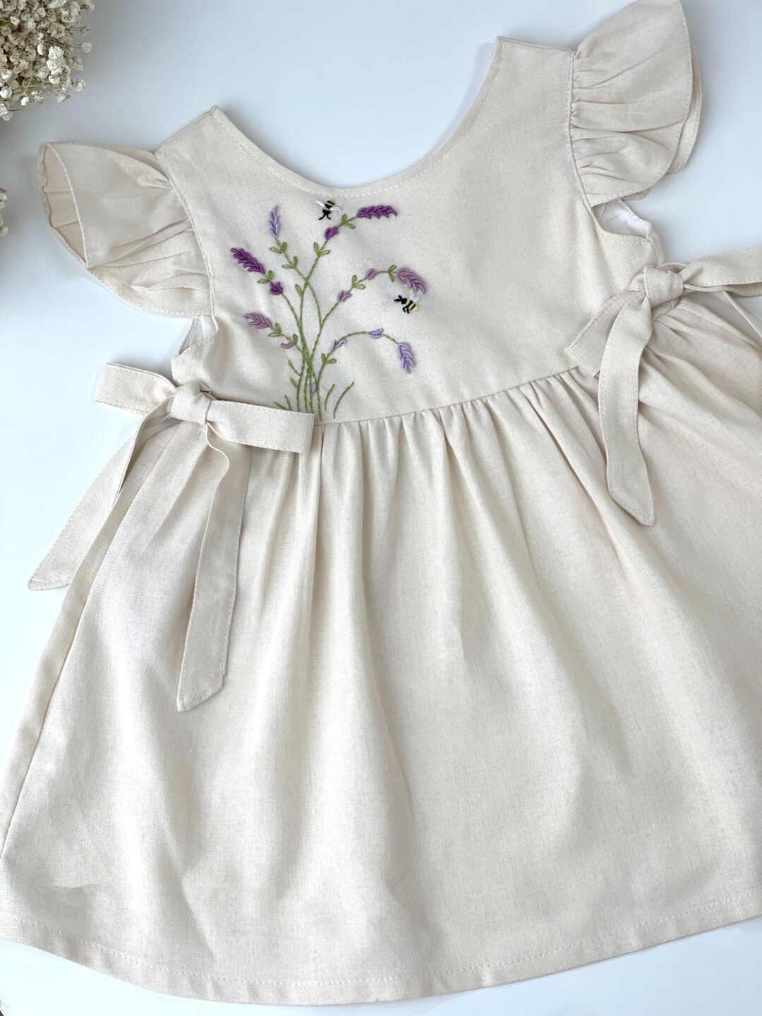Lavender & Bees Hand Embroidered Girls Soft Linen Dress, First Birthday ...