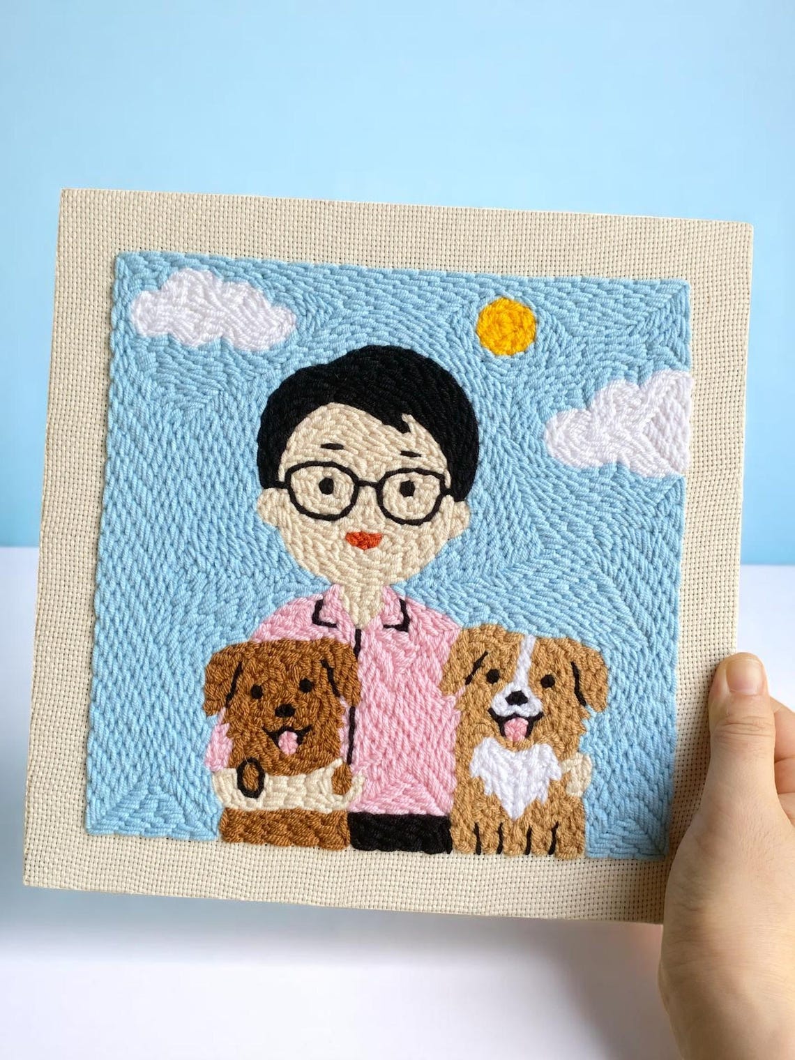 Personalized Punch Needle Human and Pet Portrait –handmade Framed Gift ...