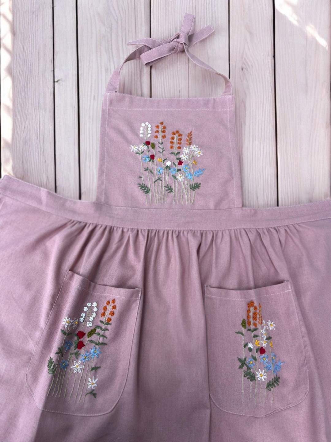 Personalized Natural Embroidered Floral Apron With Lace Trim, Hand ...