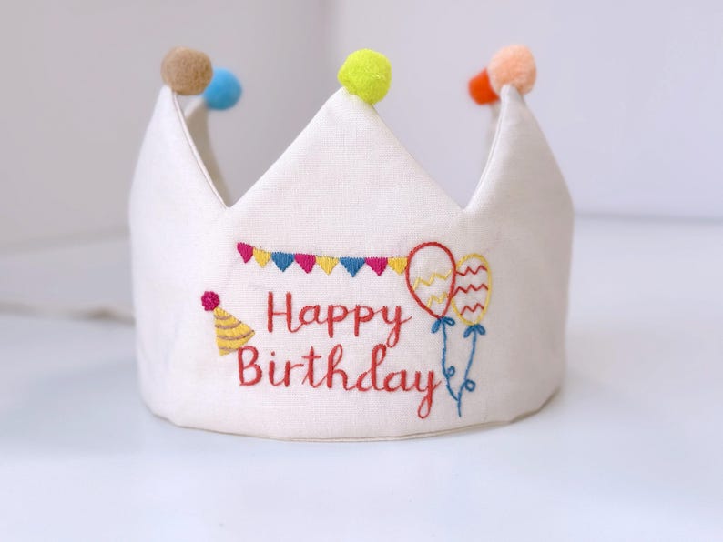 Custom Name Birthday Party Crown, Personalized Hand Embroidered Linen ...