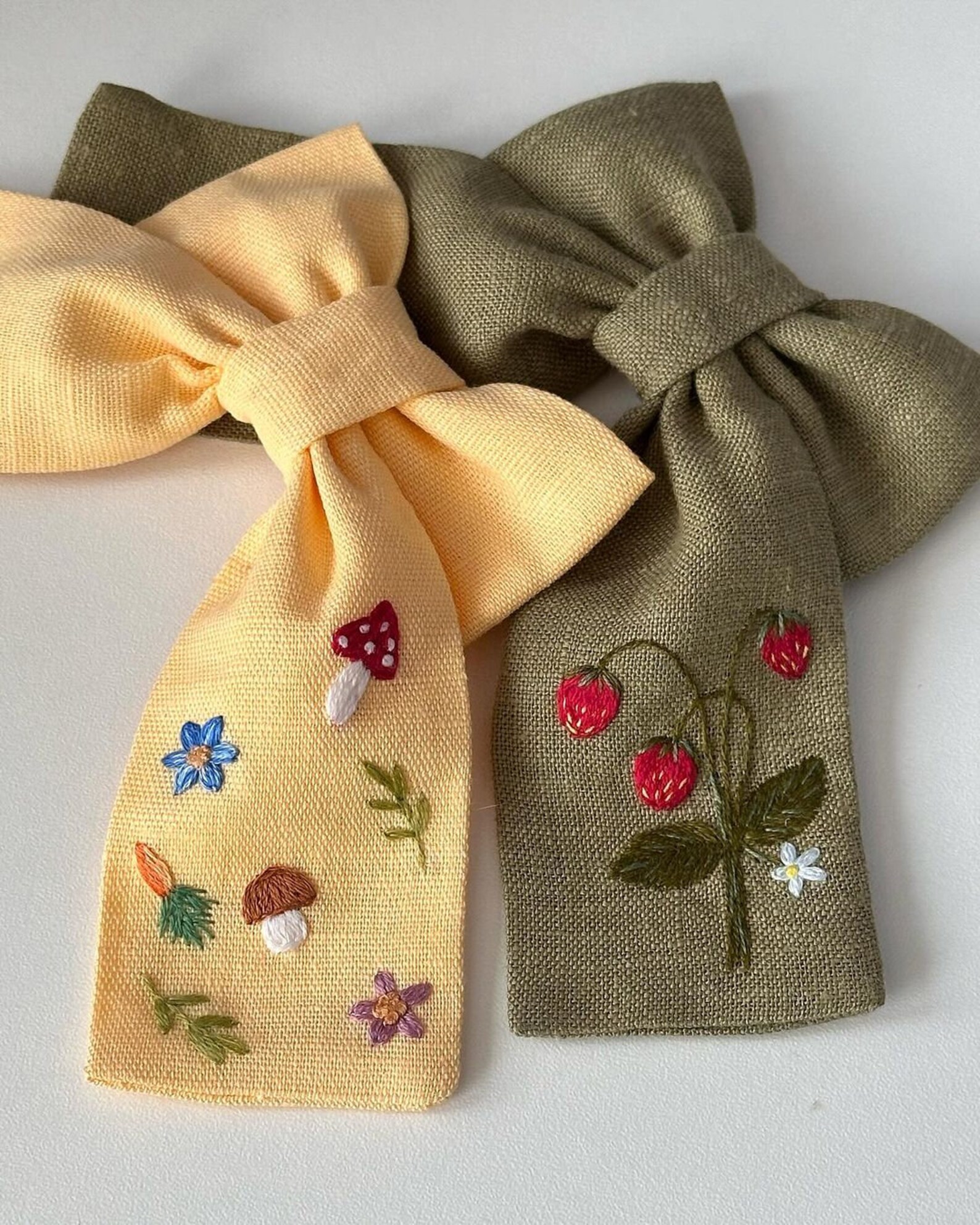 Strawberry Embroidery Linen Hair Bow for Girls, Hedgehog Embroidery ...