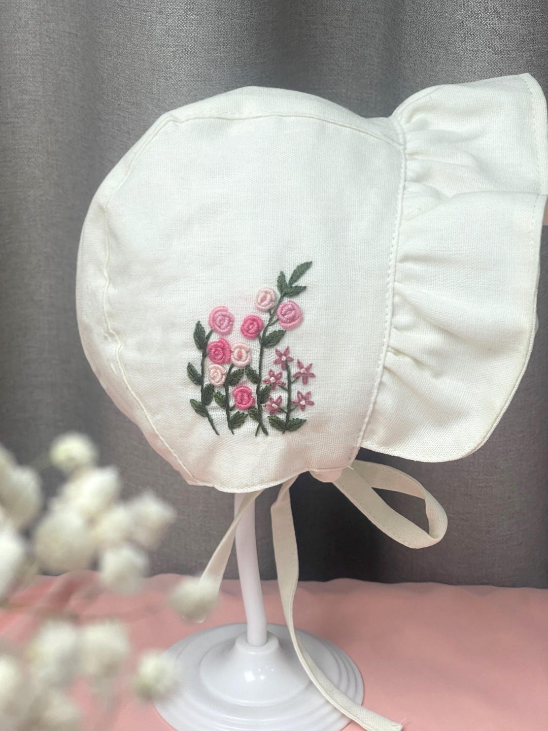 Baby Linen Roses Embroidered Bonnet, Baby Linen Embroidered Bonnet ...