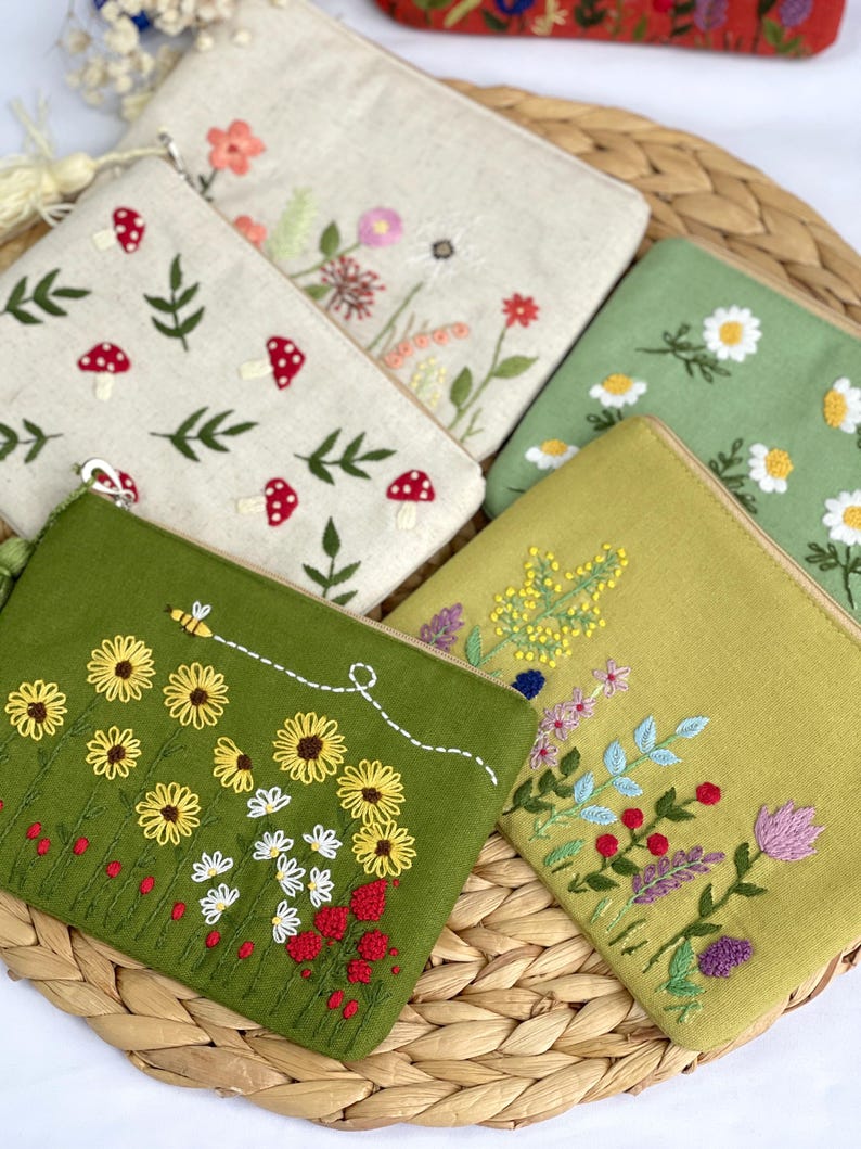 Custom Name Hand Embroidered Flower Pouch, Floral Linen Wallet ...