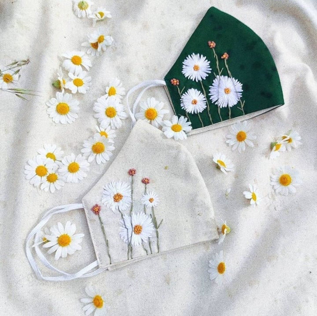 Daisy Embroidery Face Masks, Embroidery Linen Face Mask, Flower Face ...