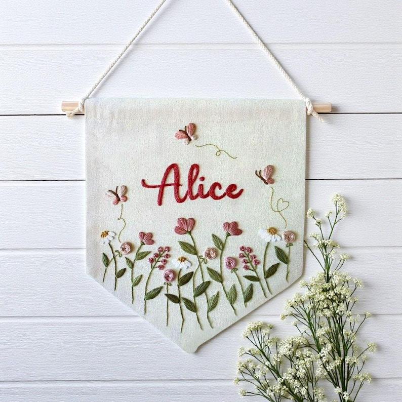 Custom Name Hand Embroidered Linen Flag, Embroidery Wall Hanging Banner ...