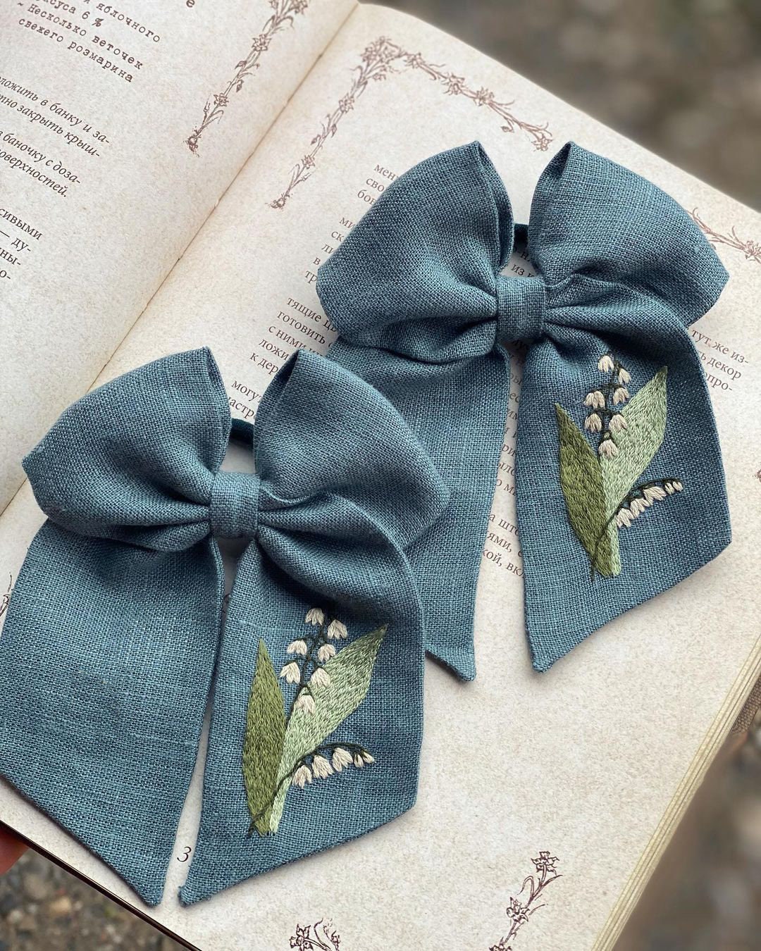 Embroidered Linen Hair Bow With Lily of the Valley Design for Girls ...