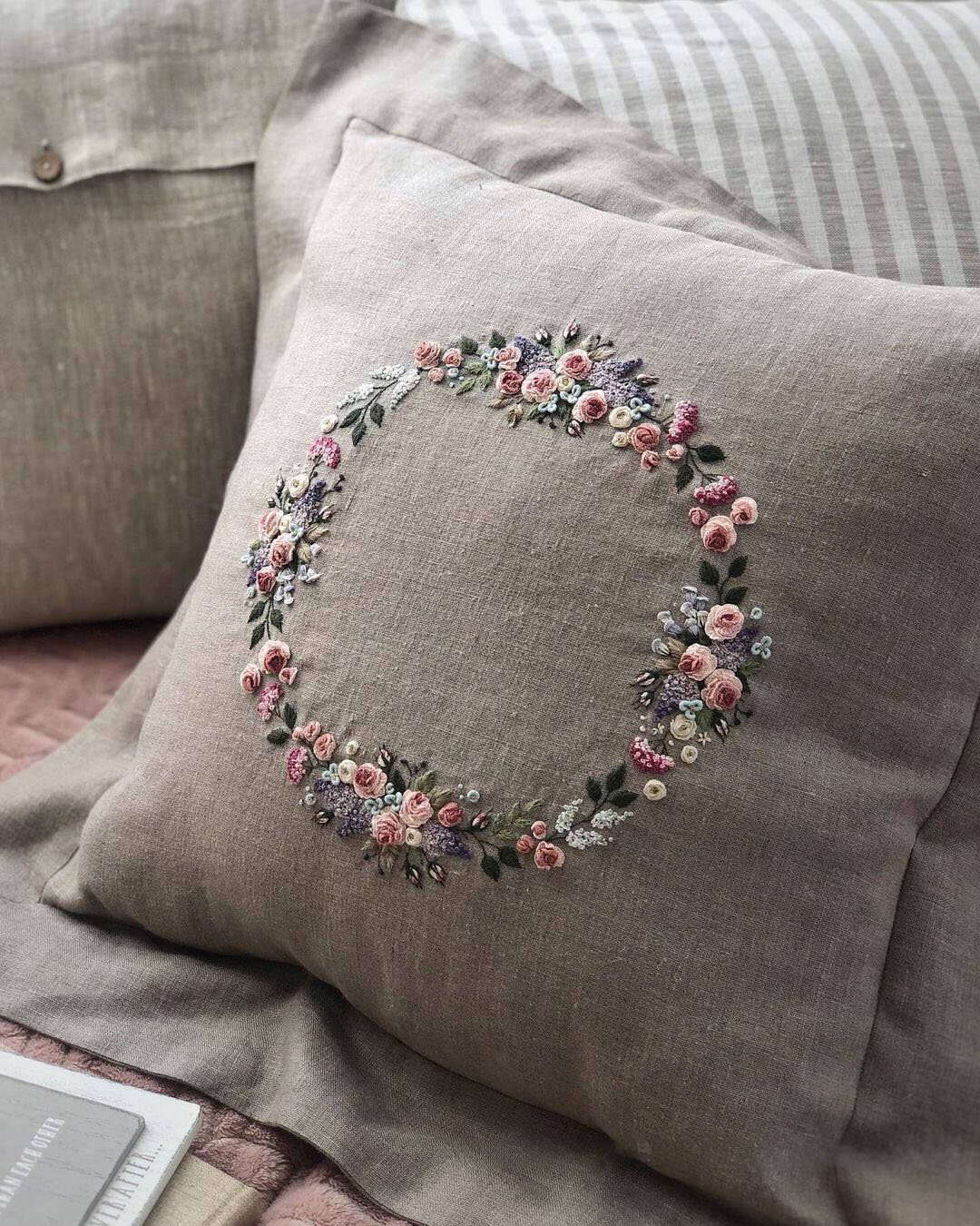Rose Wreath Embroidery Pillowcase, Handmade Cushion Cover, Floral Linen ...