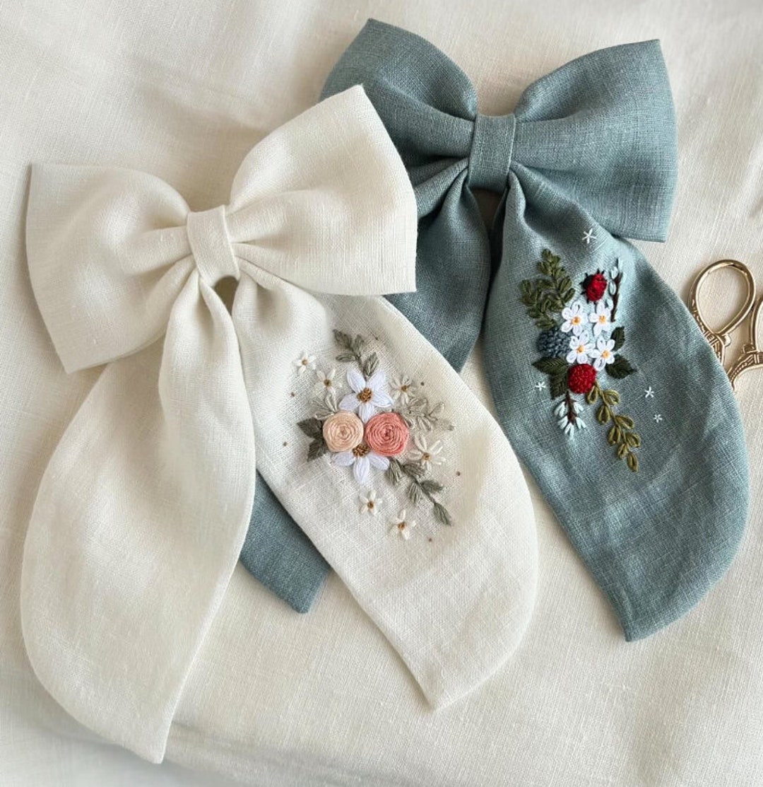 Floral Embroidered Hair Bow Clip, Hair Bow Tie for Girls, Handmade Hair ...