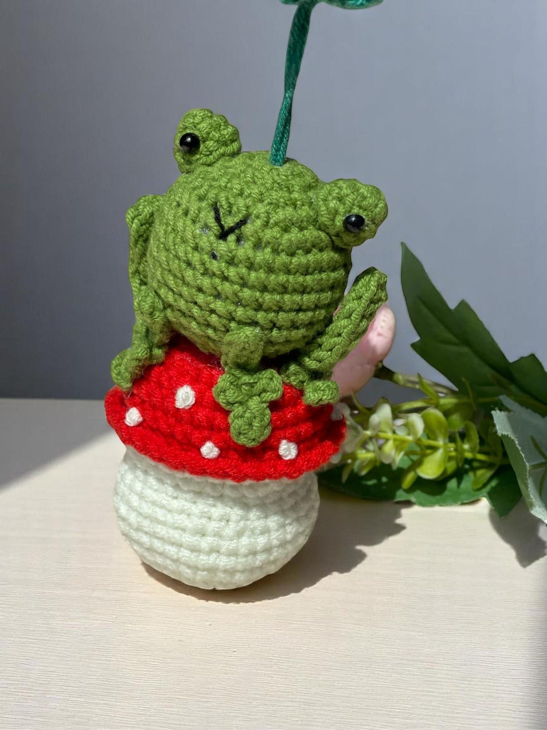 Cute Frog With Mushroom Car Mirror Hanging Accessories, Crochet Frog ...