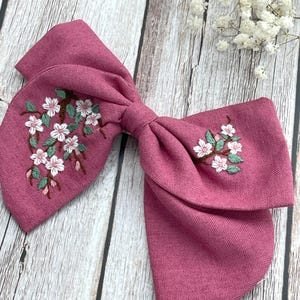 Cherry Blossom Embroidery Linen Hair Bow for Girls, Cute Hair ...