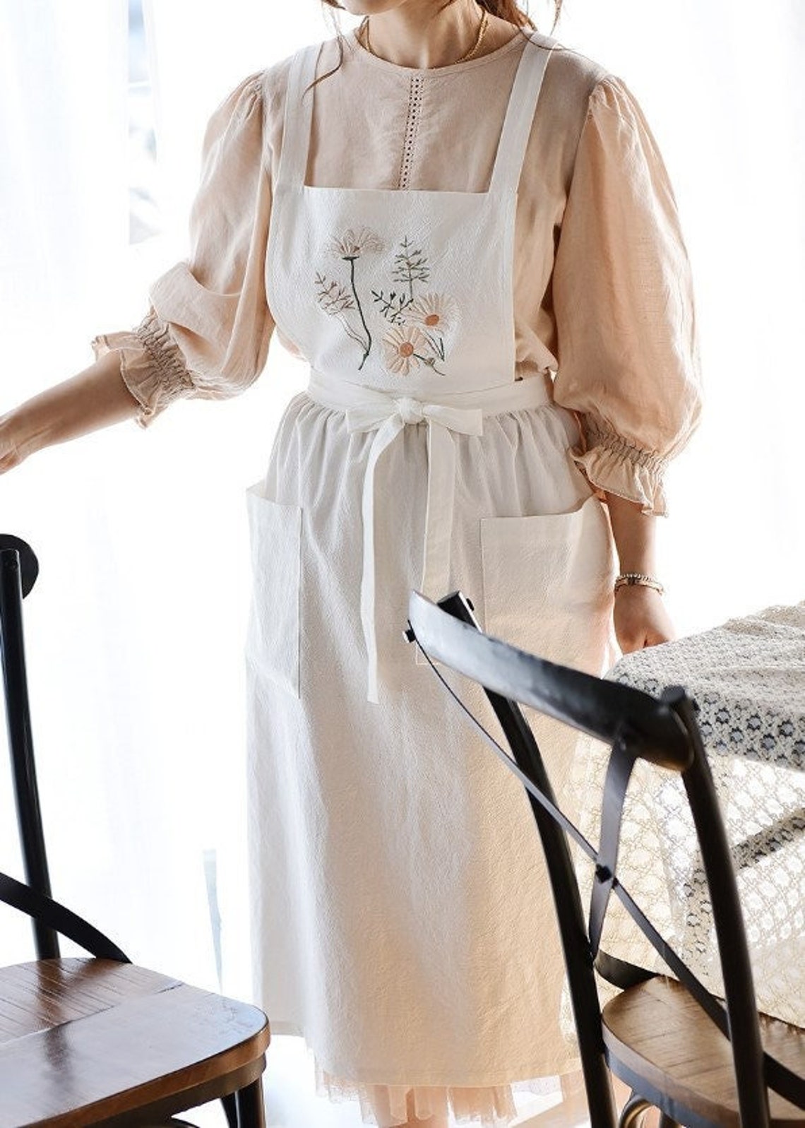 Simple Flower Embroidery Linen Apron for Women, Hand Embroidery Apron ...