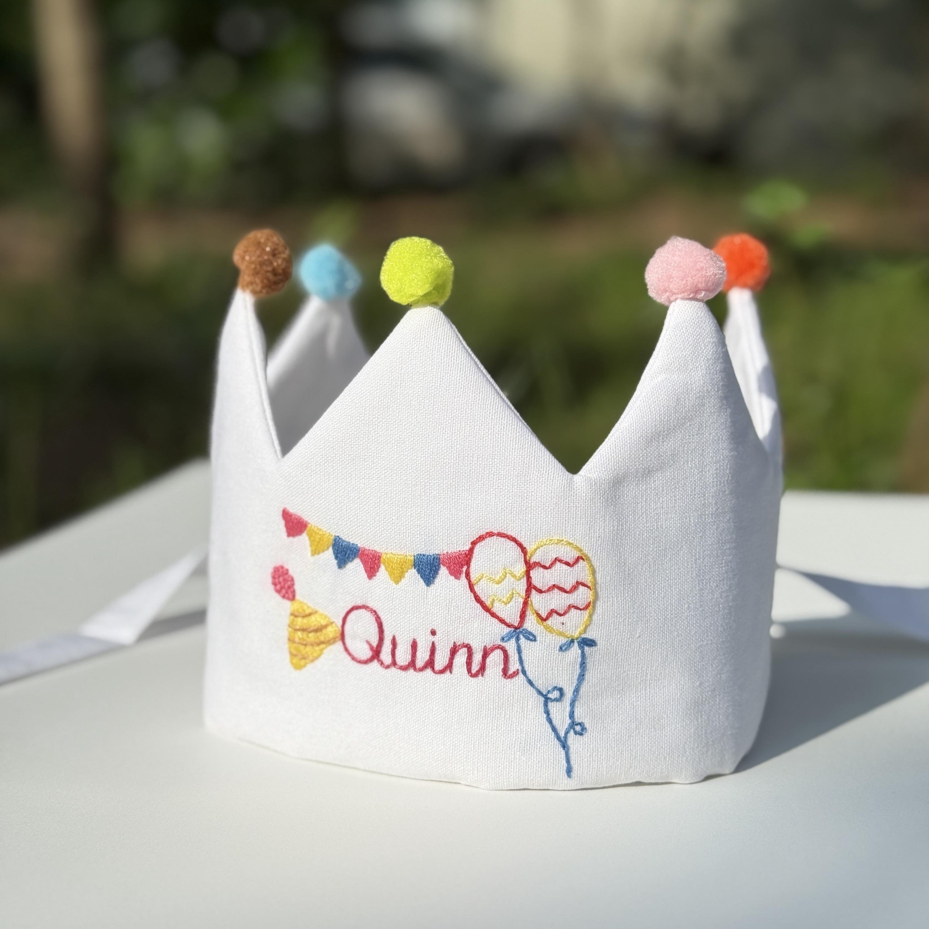 Custom Name Birthday Party Crown, Personalized Hand Embroidered Linen ...