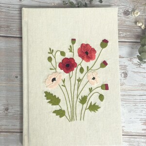 Artisan Hand Embroidered Poppy Flower Notebook, Embroidered Linen Cover ...