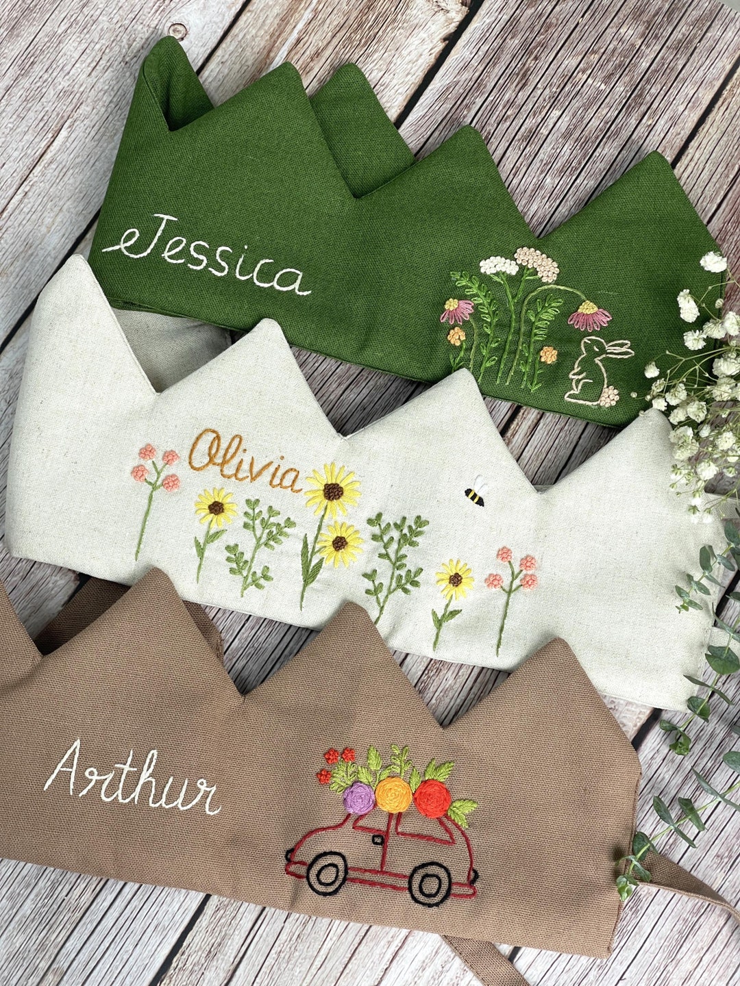 Personalized Hand Embroidered Linen Crown for Birthdays, Custom Flowers ...