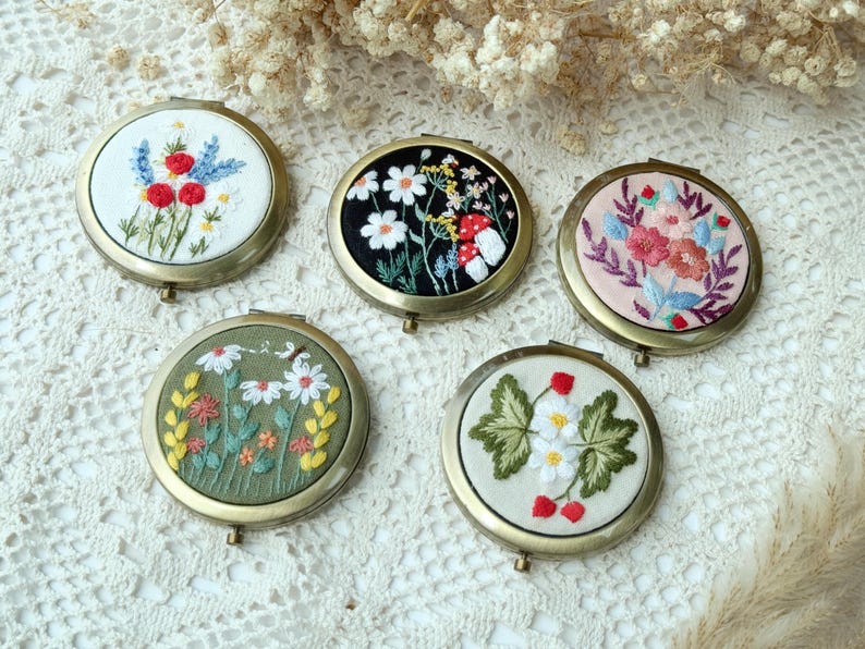 Vintage Floral Hand Embroidered Compact Mirror, Daisy/mushroom ...