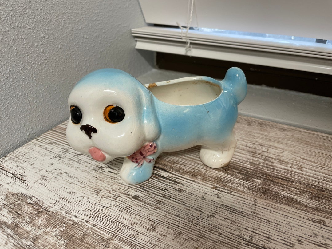 Vintage Ceramic Blue Dog Planter - Etsy