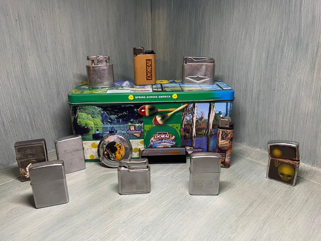 Vintage Smoking Memorabilia Lighters & Camel Turkish Silver Tin. Doral ...