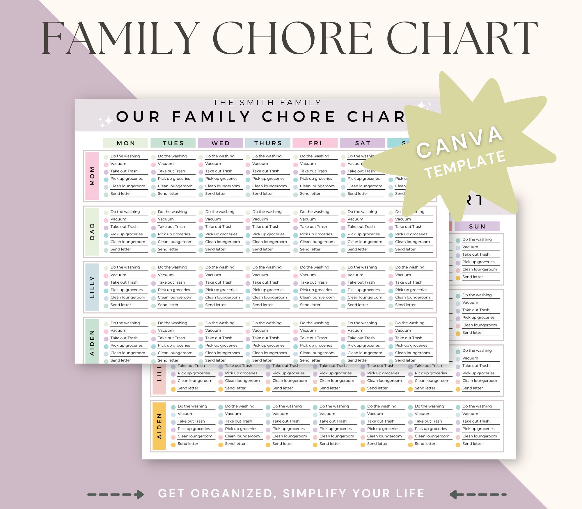 Printable Customizable Family Chore Chart, Reusable Household Organizer ...