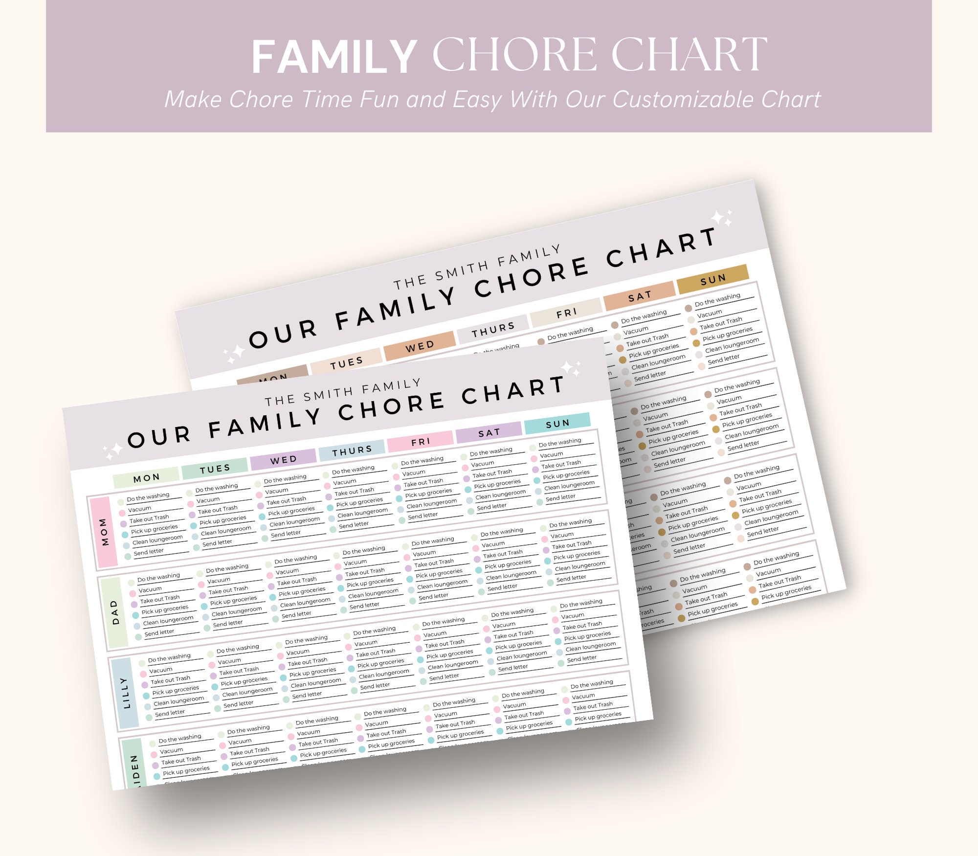 Printable Customizable Family Chore Chart, Reusable Household Organizer ...